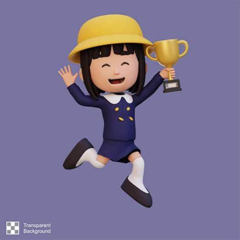 Premium Psd 3d Girl Character Celebrating Win Holding A Trophy