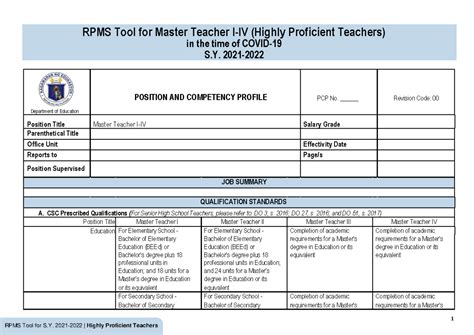 Appen~2 For Rpms 1 Rpms Tool For Master Teacher I Iv Highly Proficient Teachers In The