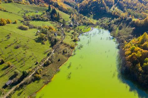 Aerial View Of Green Mine Waters From A Copper Mine Flooding Natural
