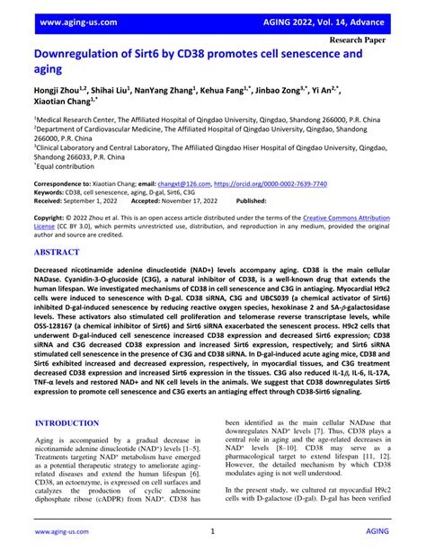 Pdf Downregulation Of Sirt6 By Cd38 Promotes Cell Senescence And Aging