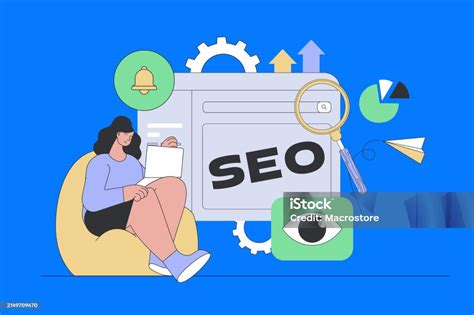 웹을 위한 현대적인 평면 디자인의 Seo 최적화 개념 데이터 연구 인터넷 트래픽 및 사이트 순위 향상을 만드는 여성 소셜 미디어 배너 마케팅 자료에 대한 벡터 그림입니다