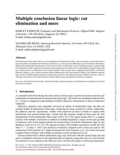 Pdf Multiple Conclusion Linear Logic Cut Elimination And More
