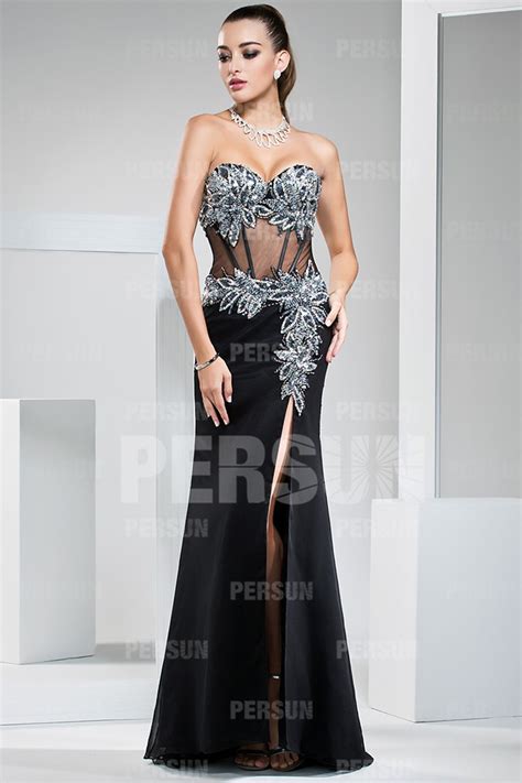 Sexy robe noire bustier cœur ajourée broderie avec la fente latérale Robedesoireelongue fr