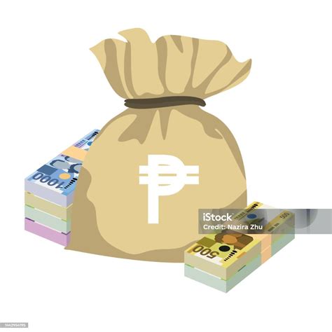 필리핀 페소 벡터 그림입니다 필리핀 머니 세트 번들 지폐 돈 가방 100 200 500 1000 Php 플랫 스타일 흰색 배경에