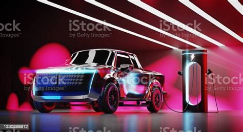 충전소의 전기 트럭 자동차는 어두운 배경에 빨간색 연기와 빛 Ev 컨셉 3d 일러스트레이션 픽업 트럭에 대한 스톡 사진 및 기타 이미지 Istock