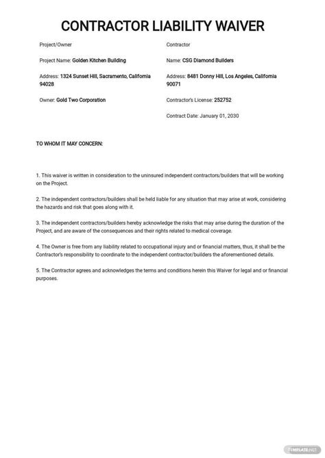 Contractor Liability Waiver Template Ncejomunicipaldechinu