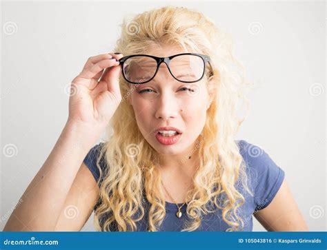Woman With Her Glasses Lifted Up Can T See Stock Photo Image Of Glasses Looking 105043816
