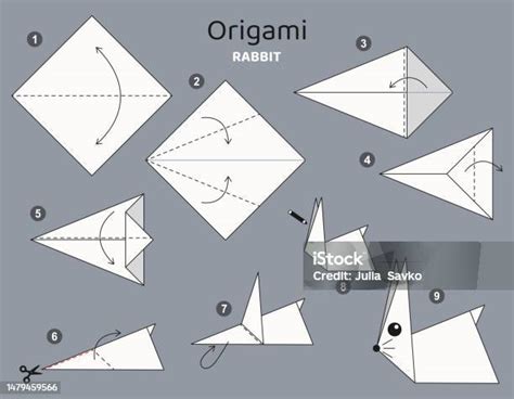토끼와 튜토리얼 종이 접기 계획 회색 배경에 고립된 종이접기 요소 아이들을위한 종이 접기 0명에 대한 스톡 벡터 아트 및 기타 이미지 Istock