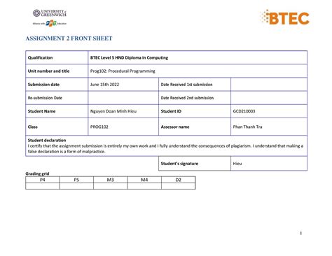 Assignment Minh Hi U Assignment Front Sheet Qualification Btec Level Hnd Diploma In
