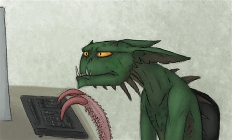 Rule 34 Anthro Desk Erection Fangs Furniture Genitals Green Body Keyboard Male Minion