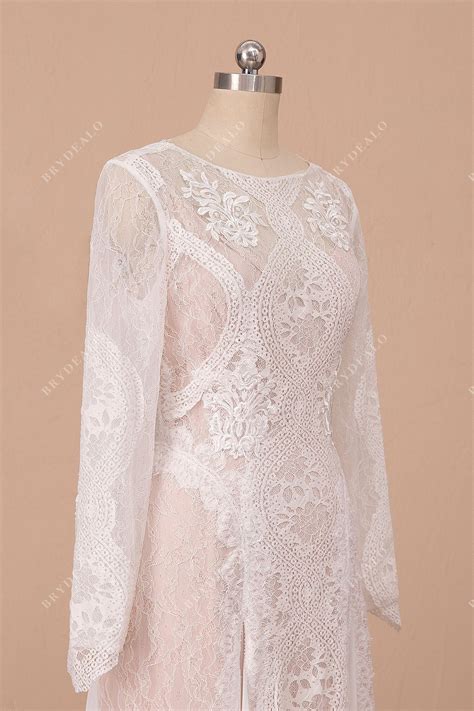 Boho Lace Chiffon Sheer Long Sleeve Blush Pink Beach Wedding Dress