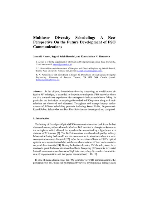 Pdf Multiuser Diversity Scheduling A New Perspective On The Future Development Of Fso