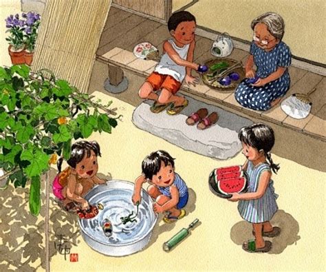 日本の息吹明明是一本政治刊物，却有着美好的封面。 来自竹中俊裕的作品。他笔下的日本生活非常贴近真实的生活情景。 街口、海边、池塘 捕蜻蜓、捉迷