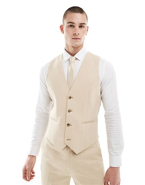 Asos Design Wedding Slim Suit Waistcoat In Camel Micro Texture Asos