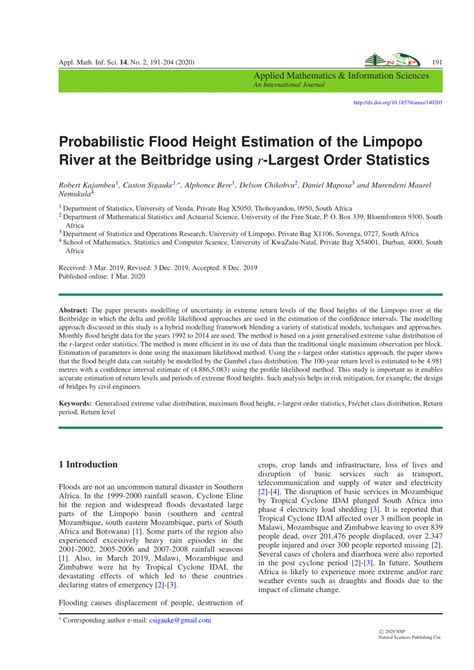 PDF Probabilistic Flood Height Estimation Of The Limpopo River At The
