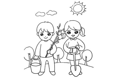 小男孩和小女孩植树的简笔画 9张 优等生学习网