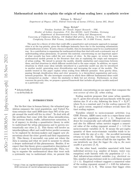 Pdf Mathematical Models To Explain The Origin Of Urban Scaling Laws A Synthetic Review