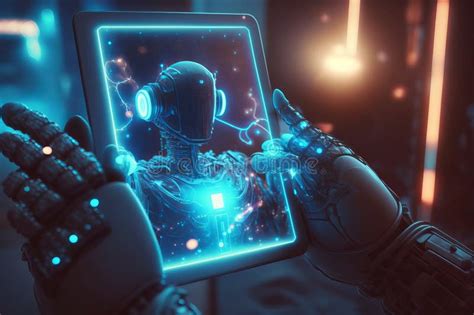 Closed Up Ai Robot Hand Touching Tablet and Showing Ai Data on Screen, Artificial Intelligence ...