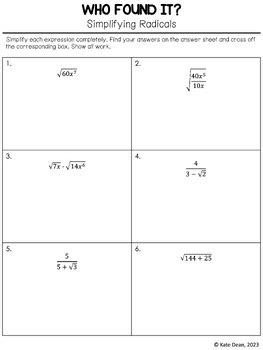 Simplifying And Rationalizing Radicals Square Root Operations MYSTERY Activity