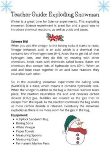Winter Science Experiment Exploding Snowman Acid Base Chemistry Activity