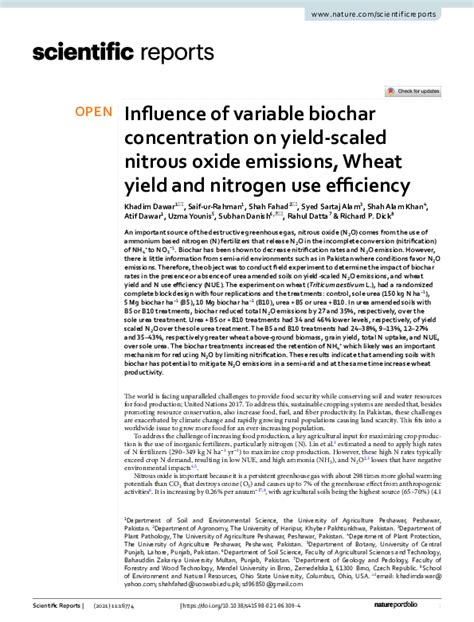 Pdf Influence Of Variable Biochar Concentration On Yield Scaled Nitrous Oxide Emissions Wheat