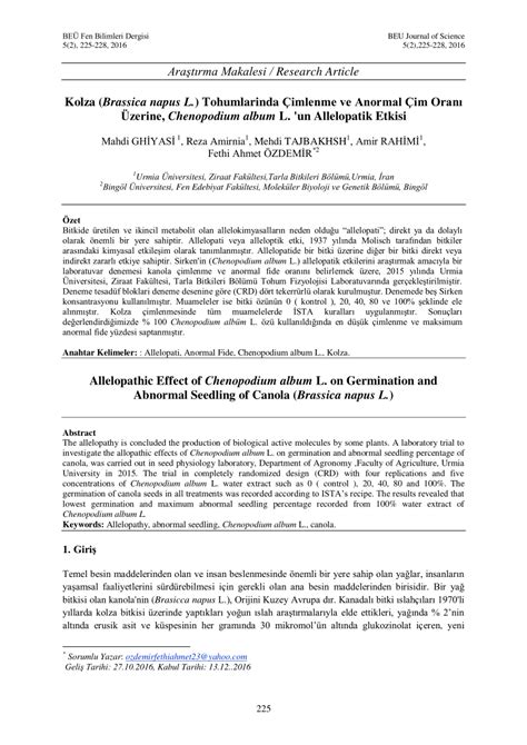 Pdf Kolza Brassica Napus L Tohumlarinda Çimlenme Ve Anormal Çim