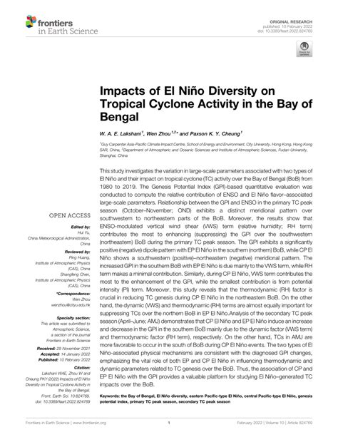 Pdf Impacts Of El Niño Diversity On Tropical Cyclone Activity In The Bay Of