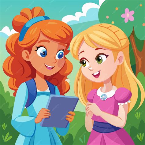 Premium Vector A Cartoon Illustration Of Two Girls With A Tablet That
