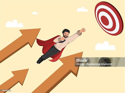 슈퍼히어로 사업가 상향 화살표로 과녁을 향해 날아가는 리더십 동기 부여 및 비즈니스 성공의 개념 개념에 대한 스톡 벡터 아트 및