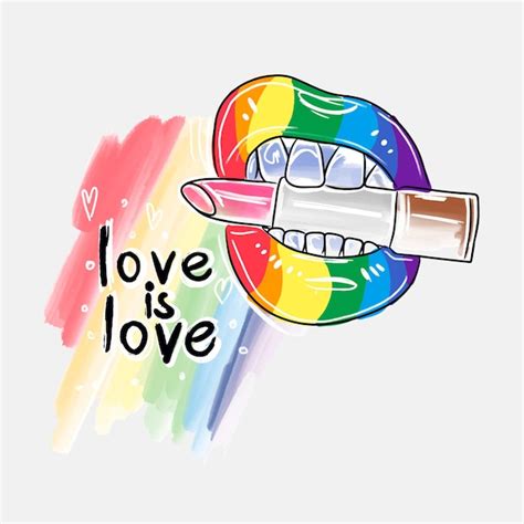 사랑은 사랑입니다 립스틱과 입술 수채화 배경 페인트 튄 Lgb 프라이드 프리미엄 벡터