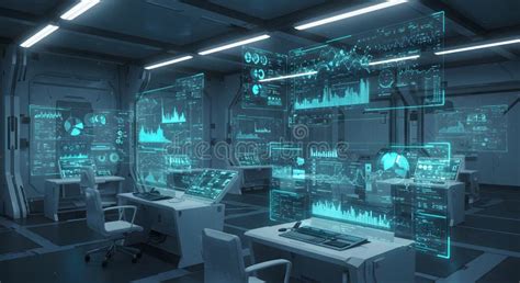 Futuristic Office Space With Holographic Displays And Data Visualization Stock Illustration