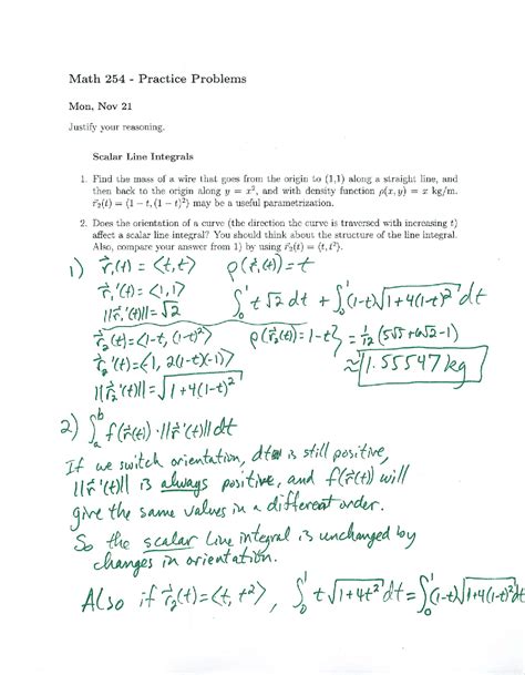 scalar and line integrals solved questions mth 254 docsity