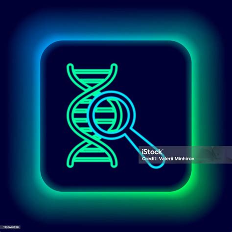 빛나는 네온 라인 Dna 연구 검은 배경에 고립 된 검색 아이콘 돋보기 및 Dna 사슬 유전 공학 복제 친자 확인 테스트