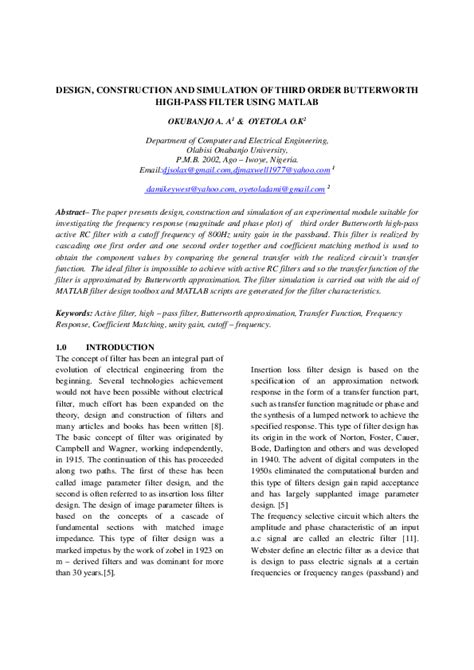 pdf design construction and simulation of third order butterworth