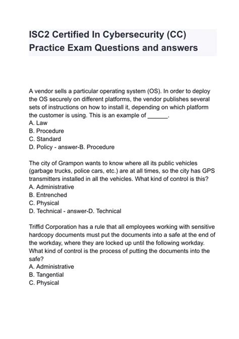Isc2 Certified In Cybersecurity Cc Practice Exam Questions And Answers Isc2 Certified In
