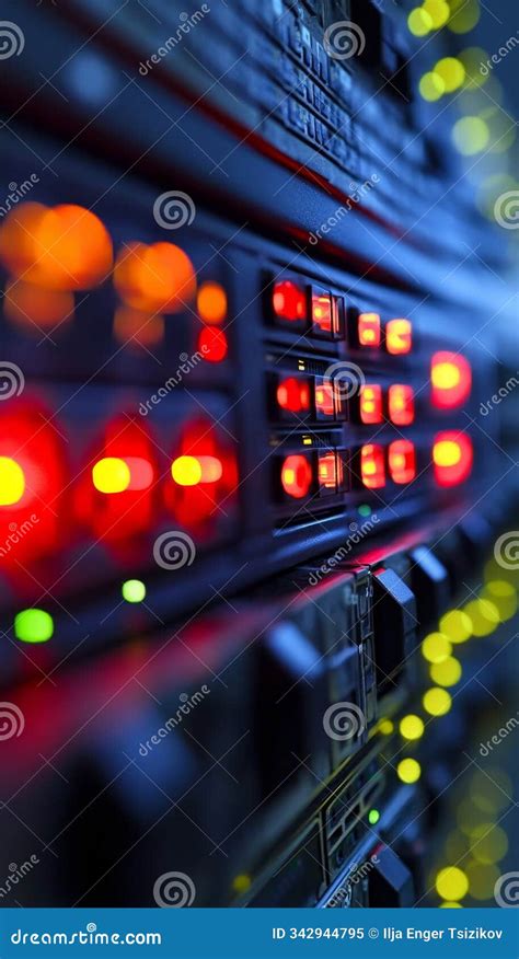 Server Rack With Blinking Led Lights Network Attached Storage In Data Center Close Up Stock