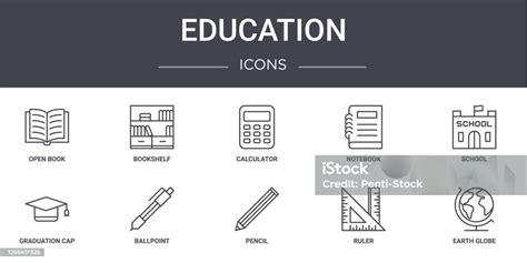 교육 개념 라인 아이콘 세트입니다 책장 노트북 졸업 모자 연필 통치자 지구 지구 학교 계산기와 같은 웹 로고 Ui Ux에 사용할 수있는 아이콘이 포함되어 있습니다 교육에