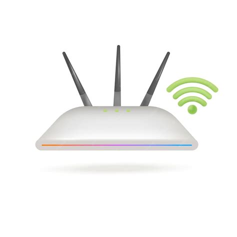 ワイヤレス ルーターと緑の Wi Fi シンボル 3 D イラスト。白い背景に 3d スタイルでインターネット アクセス用の機器を描いた漫画