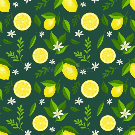 Seamless Background Pattern Of Fresh Yellow Lemons With Flowers And