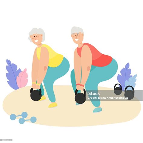 활동적인 노인 부부는 스포츠에 들어갑니다 조부모는 건강한 라이프 스타일을 이끌고 있습니다 노인에 대한 스톡 벡터 아트 및 기타