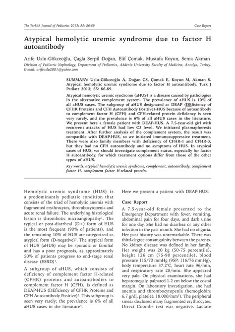 Pdf Atypical Hemolytic Uremic Syndrome Due To Factor H Autoantibody