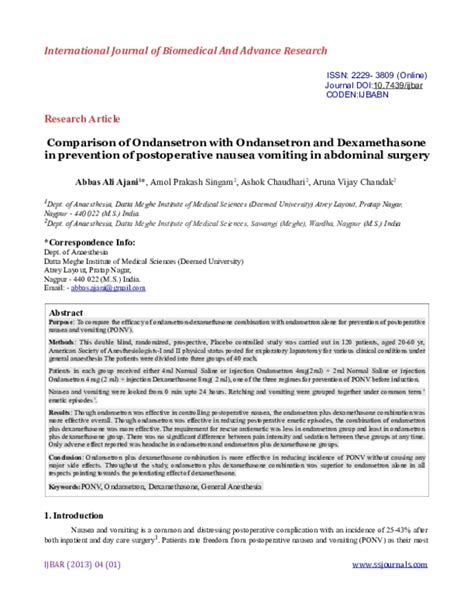 Pdf Comparison Of Ondansetron With Ondansetron And Dexamethasone In Prevention Of
