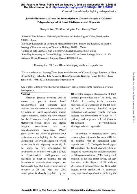 Pdf Juvenile Hormone Activates The Transcription Of Cell Division Cycle 6 Cdc6 For