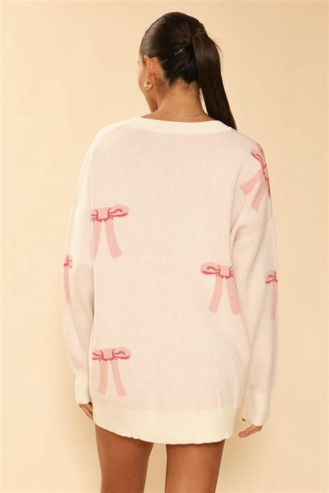 Pink All Over Bow Knit Sweater Cardigan Medium Georgia Clothing Denim Accessories Knit