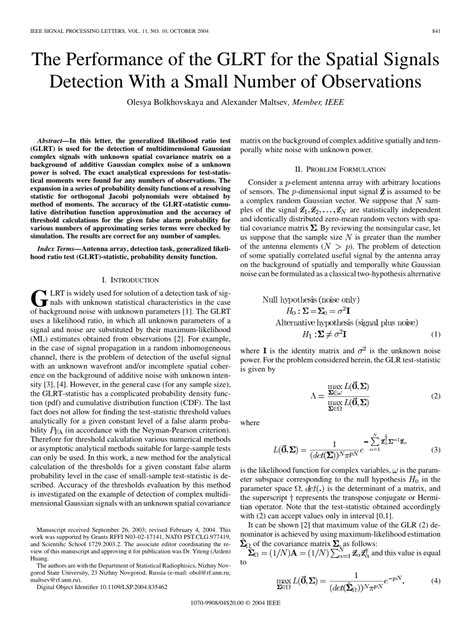 Pdf The Performance Of The Glrt For The Spatial Signals Detection With A Small Number Of