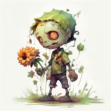 Premium Ai Image Cartoon Zombie With A Flower In His Hand Generative Ai