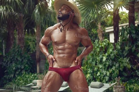 Male Model Print Muscular Handsome Beefcake Shirtless Hairy Hat Nature
