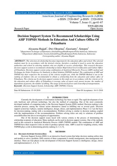 Pdf Decision Support System To Recommend Scholarships Using Ahp Topsis Methods In Education