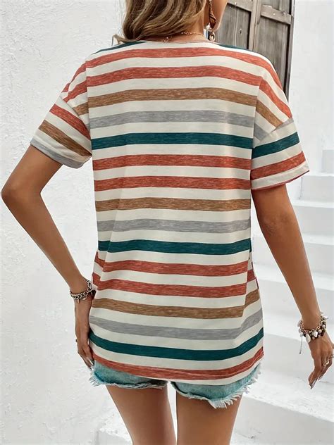 Vintage Striped T Shirt V Neck Short Sleeve T Shirt Casual Temu
