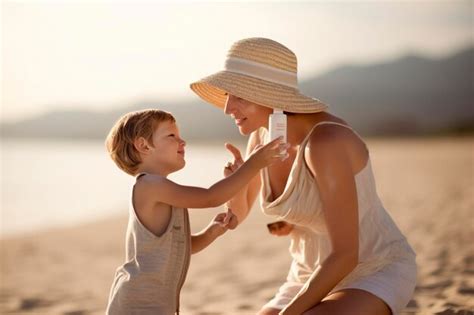 Premium Ai Image Mother On The Beach Spreads Sun Cream To Her Daughter Before Sunbathing Ai